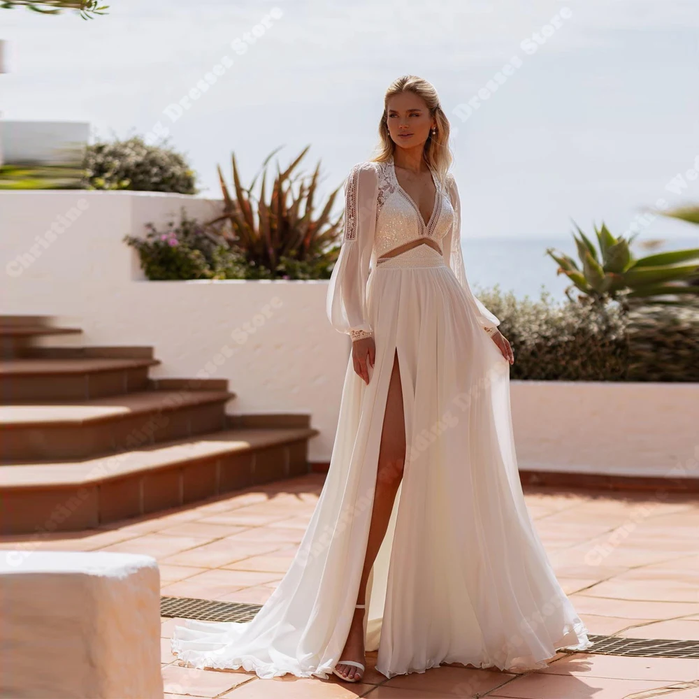 Fascinating-A-Line-Women-Wedding-Dresses-Sexy-V-Neck-Long-Sleeves ...