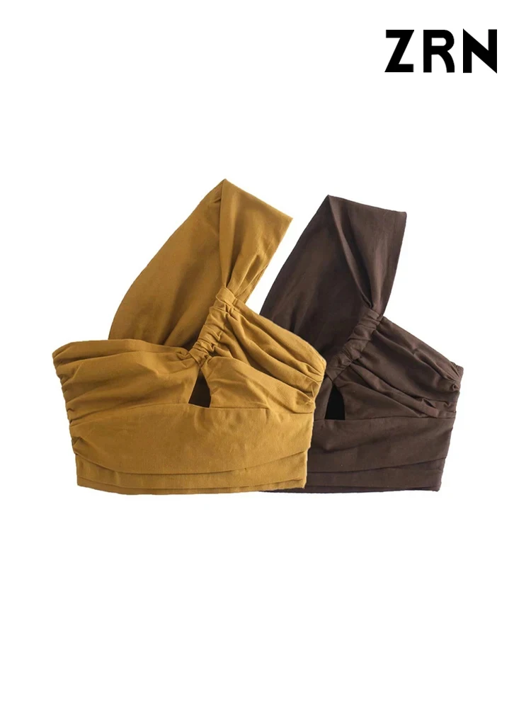 ZRN-Women-Sexy-Fashion-Pleated-Asymmetry-Linen-Crop-Tank-Tops-Vintage-One-Shoulder-Side-Zipper ...