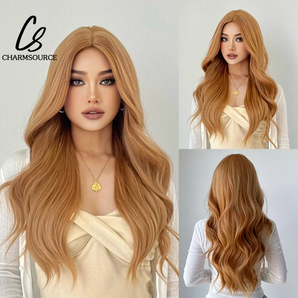 CharmSource-Synthetic-Wigs-Light-Brown-Long-Wave-Hair-Natural-Midpoint ...