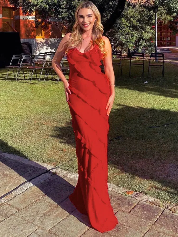 Robe-de-soir-e-Sexy-pour-femmes-col-en-V-bretelles-Spaghetti-volants-l ...