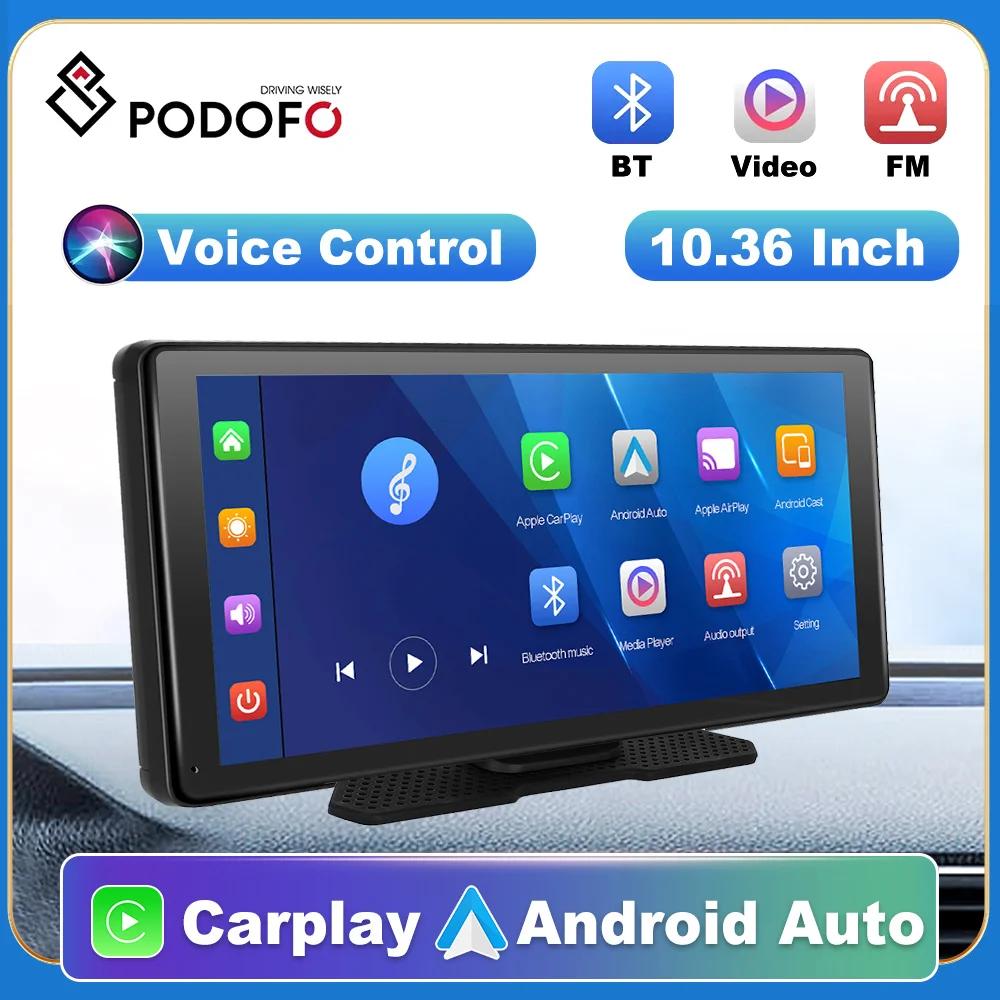 Podofo 10.36" 2K Carplay Monitor Android Auto Car DVR WiFi GPS Airplay Suppport Rear Camera Len ...