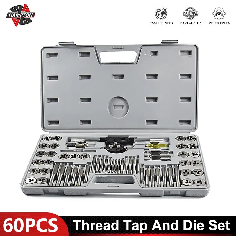 60pcs Tap and Die Set Metric and Inch Size Bearing Steel for Coarse and Fine Threads Tools Hand ...