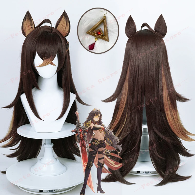 Genshin Impact Dehya Cosplay Wig Long Brown Hair Ears Earring Sumeru ...