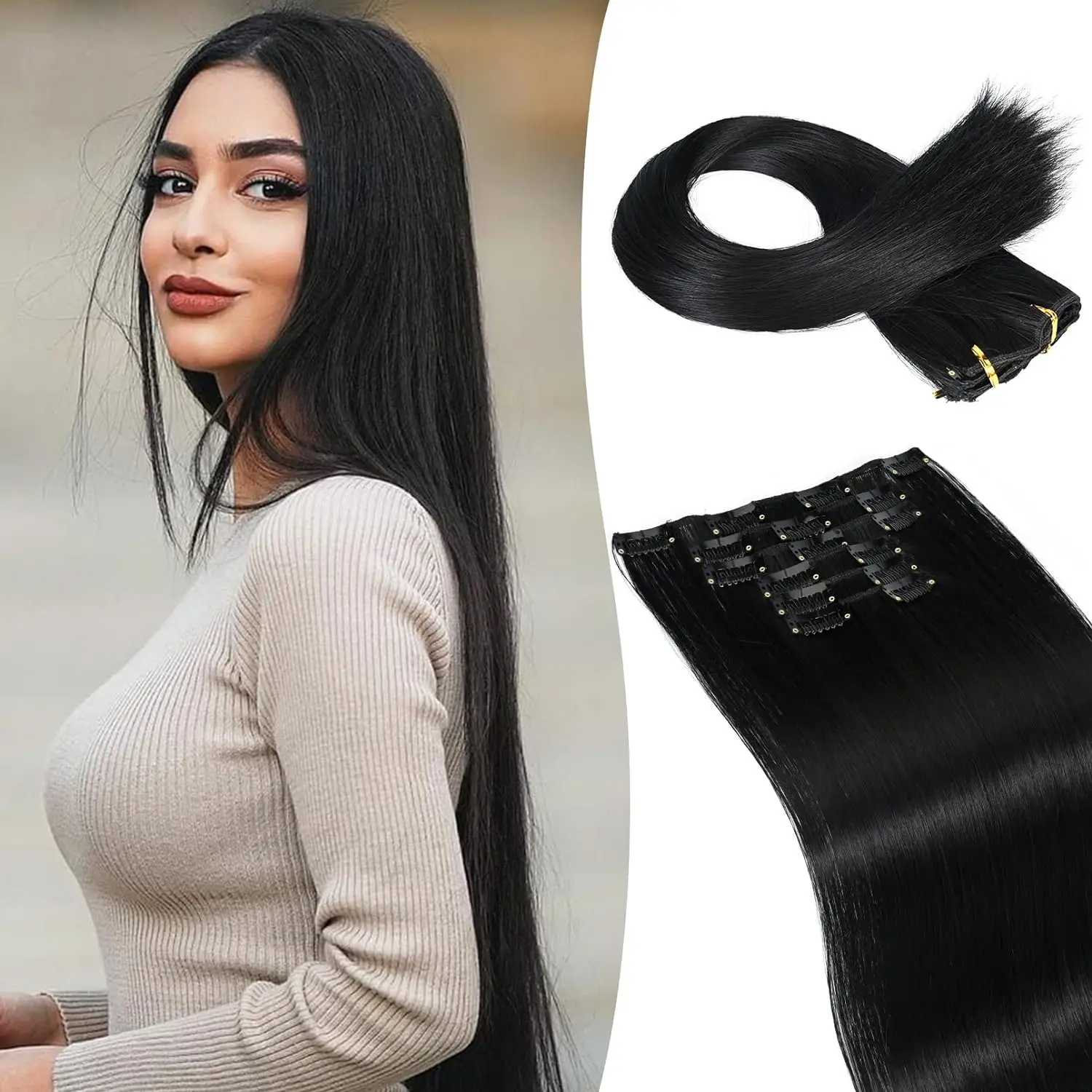 22Inchs-16-Clips-in-Hair-Extensions-Long-Black-Hairstyle-Long-Straight ...