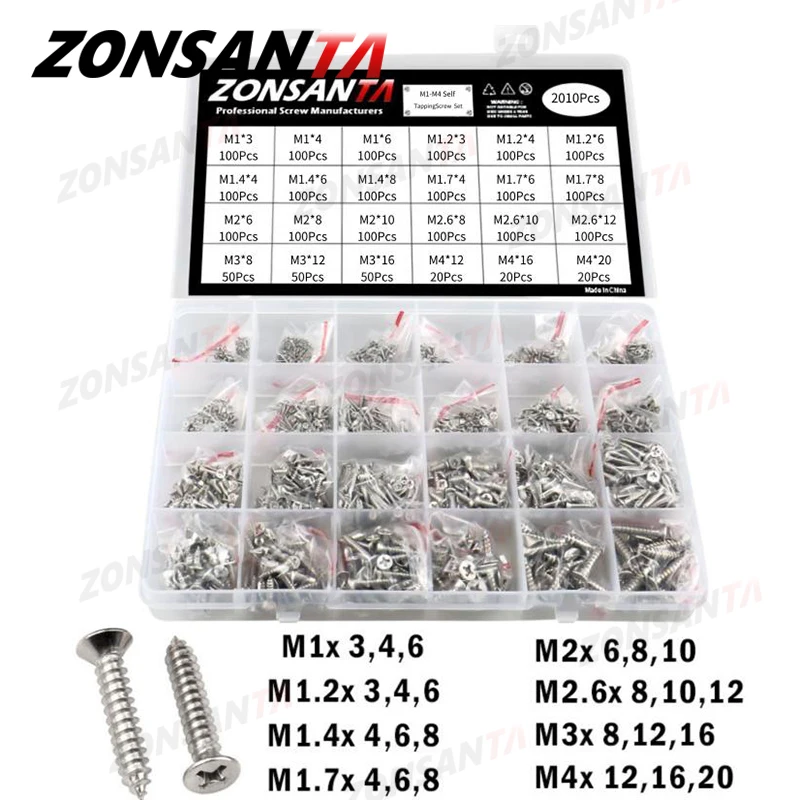 ZONSANTA M1-M4 Cross Flat Head Self Tapping Screw Assortment Kit Wood ...