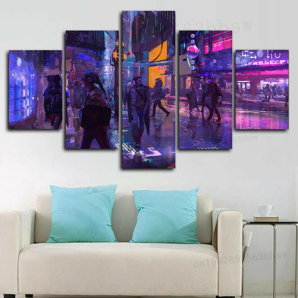 Cyberpunk City People 5 Panel Canvas Print Wall Art Poster Home ...