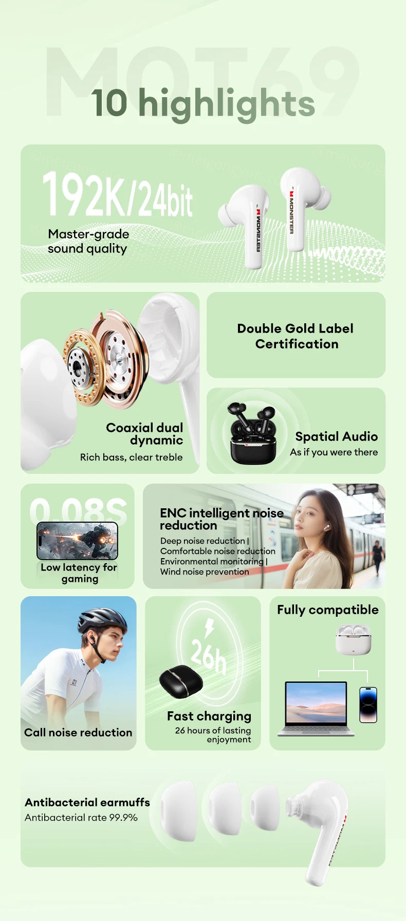 Monster MQT62 Wireless Bluetooth Earphones HIFI Surround Sound ENC Call ...