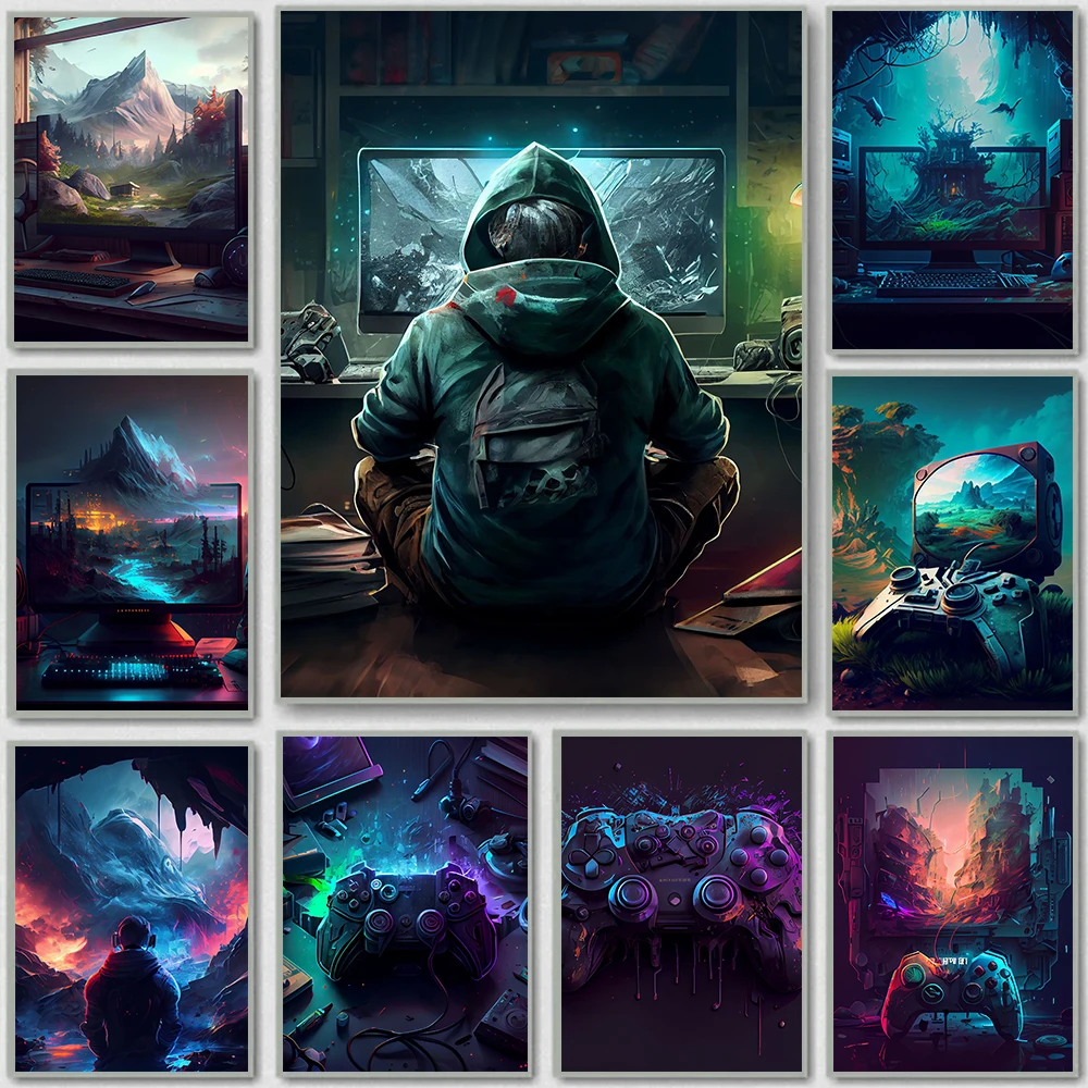 Arcade-Gaming-Sci-Fi-Game-Landscape-Gamepad-Wall-Art-Canvas-Painting-HD ...