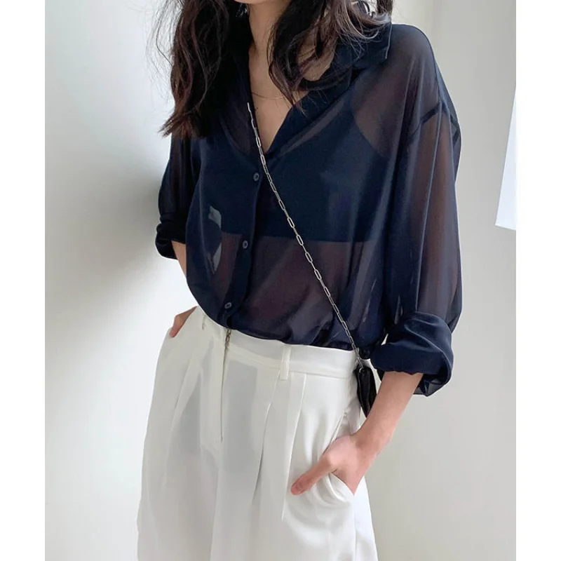 Summer-New-Thin-Button-Loose-Blouse-Long-Sleeve-Solid-Color-Casual ...