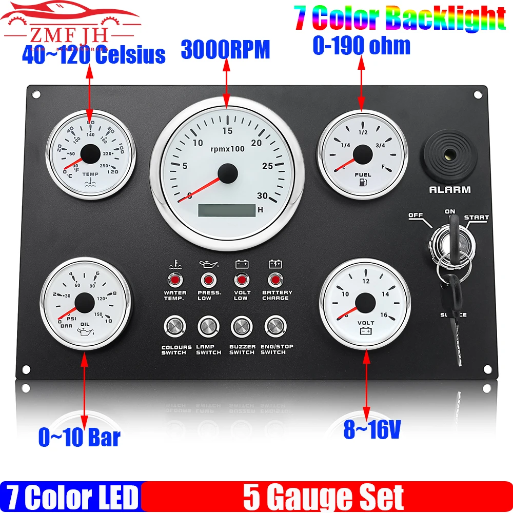 Engine Dash Instrument Panel 5 Gauge Set 7 Color LED 85mm Tachometer ...