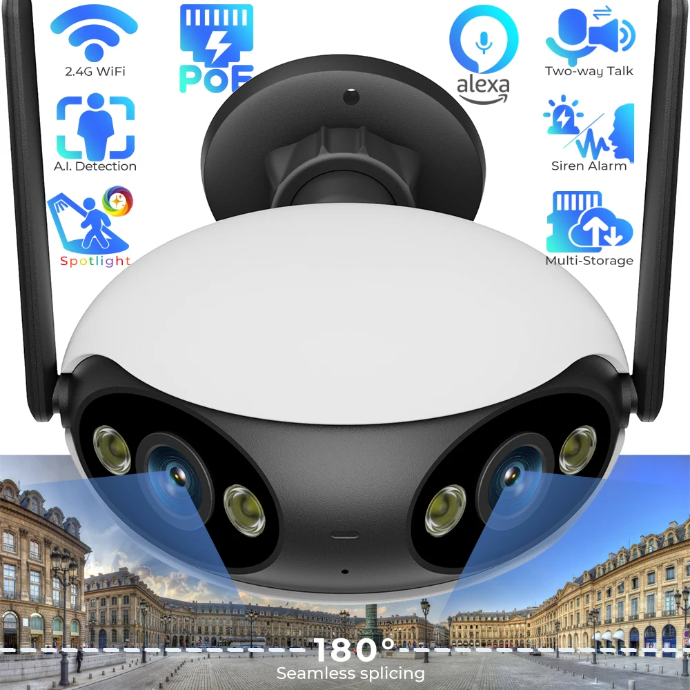 Outdoor Dual Lens 180° Panoramic Security Camera WIFI POE Human/Car ...