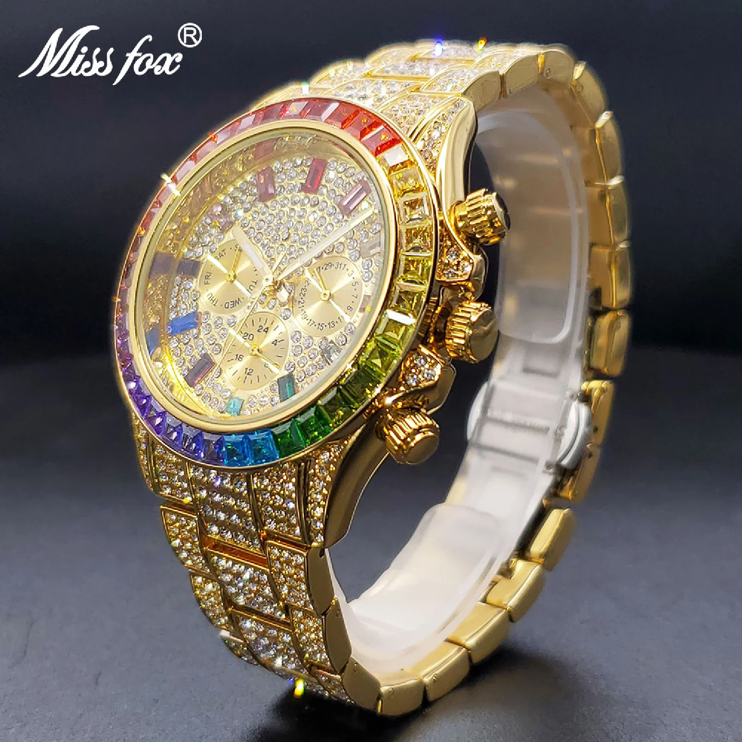 Men Luxury Watch With Rainbow Moissanite Glittery Iced Quartz Watches ...