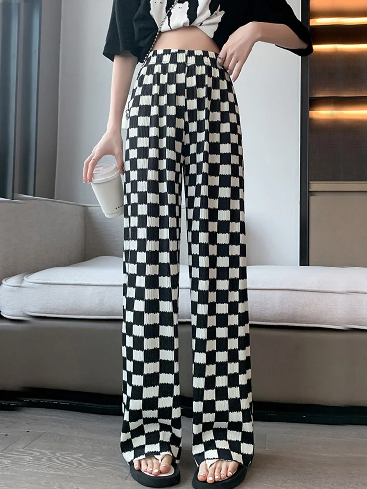 Women-Plaid-Pants-Spring-Summer-Elastic-Waist-Stright-Long-Wide-leg ...