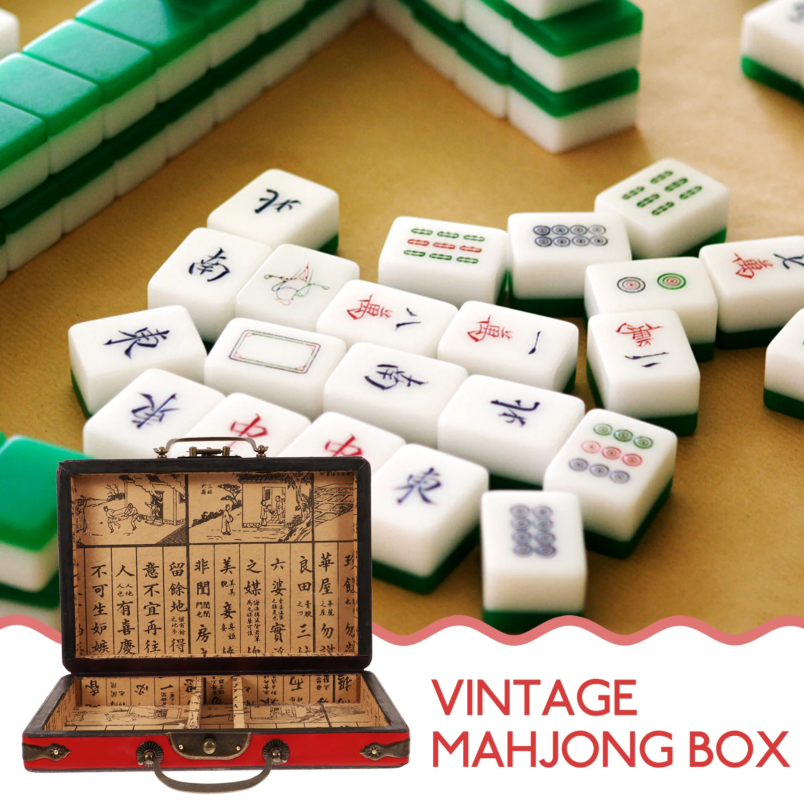 Chinese Vintage Mahjong Box Wooden Rectangle Storage Case Portable ...