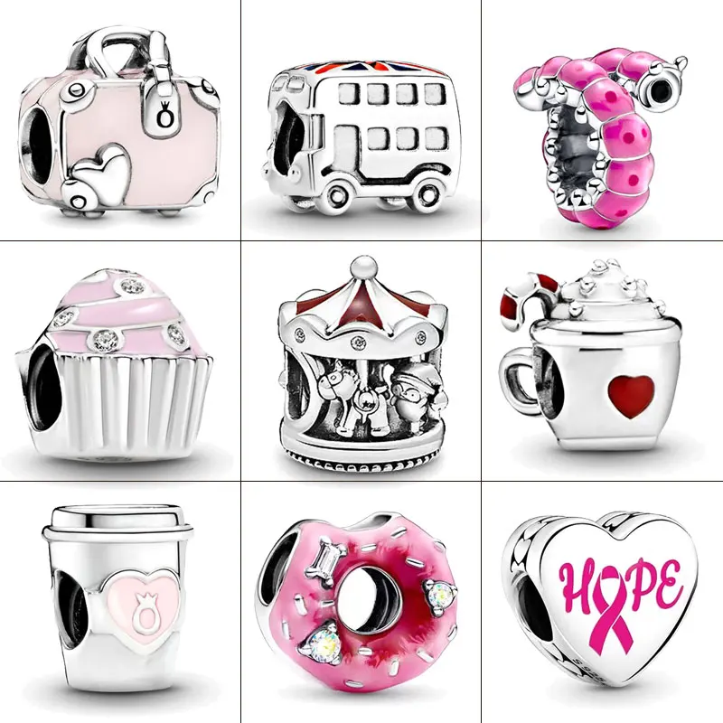 PANDORA-925-Silver-Charm-Pink-Series-Coffee-Cup-Beads-Luggage-Donuts ...