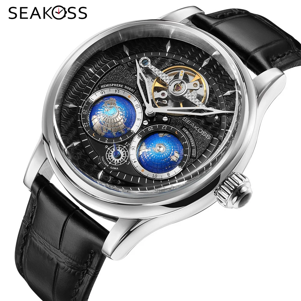 SEAKOSS 1963 Mens 3D Earth Mechanical Wristwatches Luxury Auto-Rotation ...