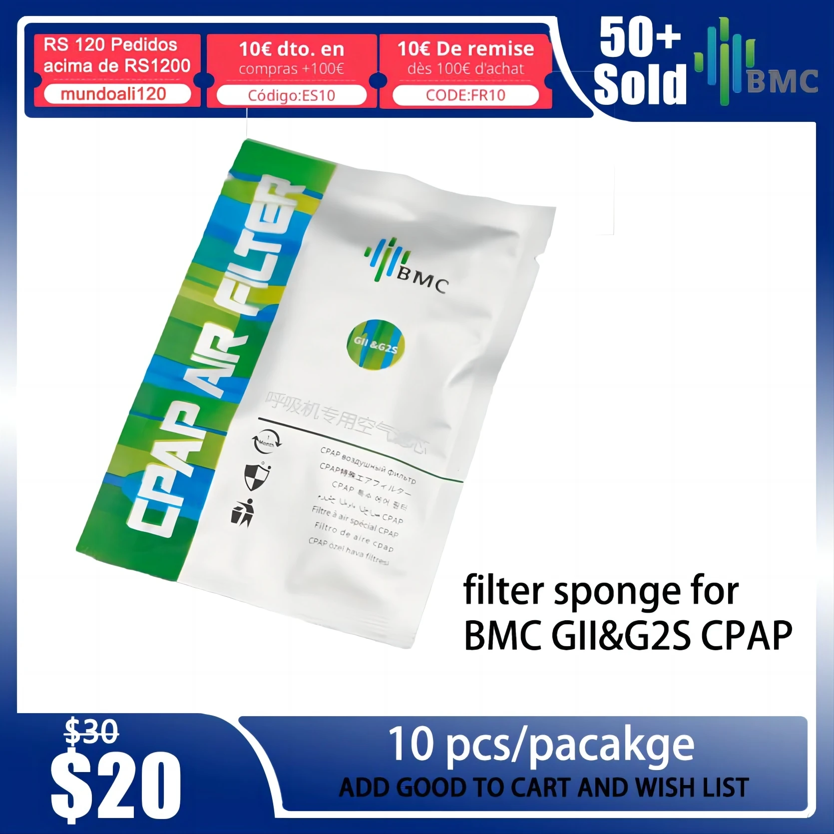 Bmc Filters Air Sponge For Gii Cpap/autocpap/bipap Machine E-20c E-20a ...