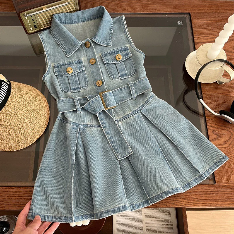 3-Color-Summer-Girls-Denim-Dress-Belt-Decoration-Lapel-Collar ...