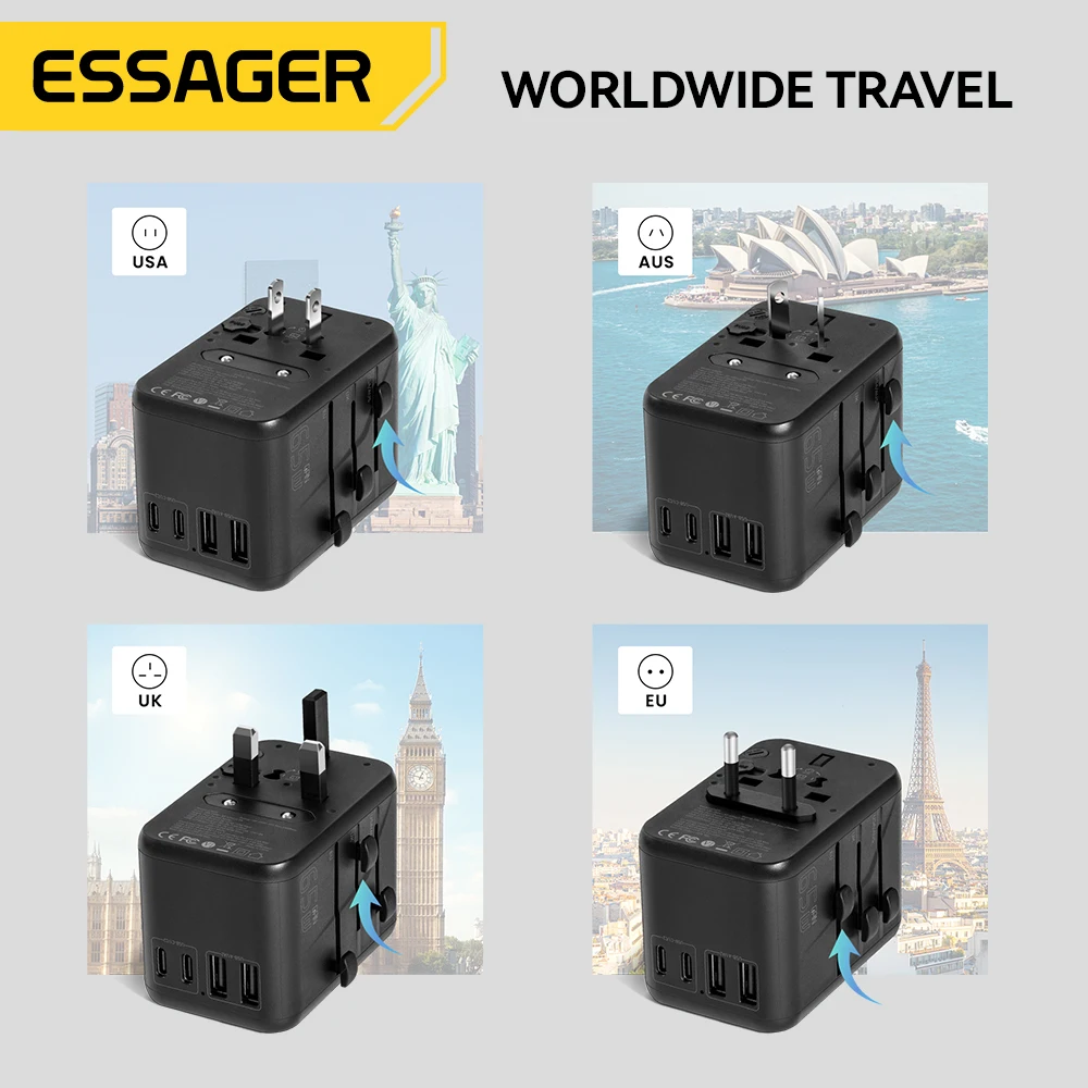 Essager 65W GaN Adaptador de Viagem Universal com 2 Portas USB 3 Tipo C ...