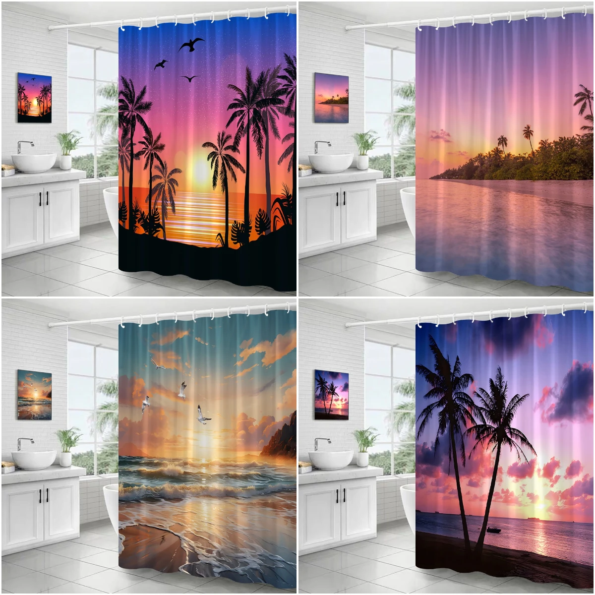 Beach-Sunset-Shower-Curtains-Purple-Seaside-Natural-Scenery-Coconut ...