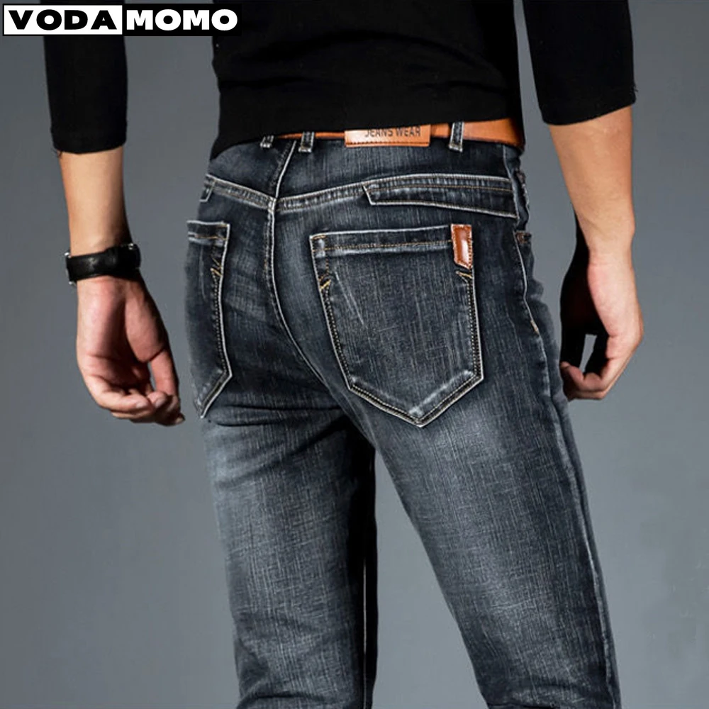 Business Men's Jeans Casual Straight Stretch Fashion Classic Blue Black Work Denim Trousers ...