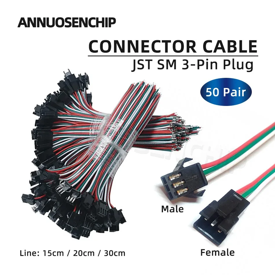 50-Pairs-100-Pc-3Pin-LED-Connector-Male-Fample-to-Cable-JST-SM-3-pin ...