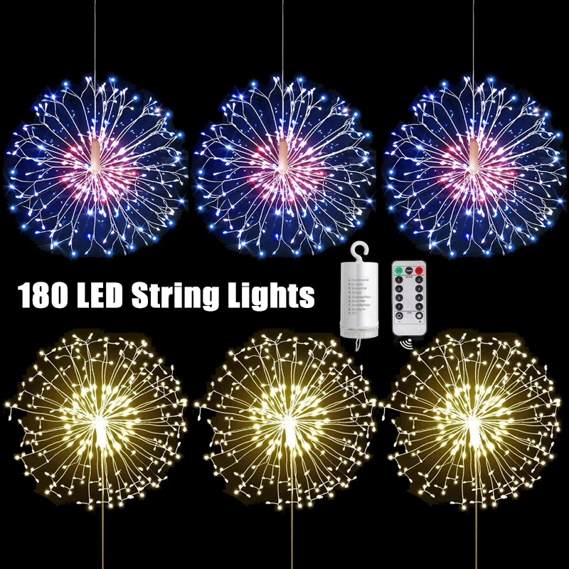180 LED Firework String Lights 8 Modes Remote Control Battery Fairy ...