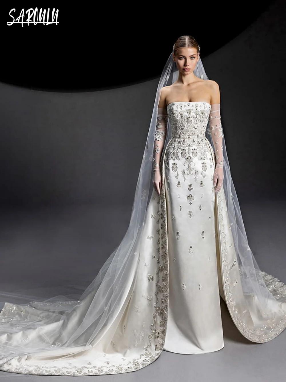 Romantic-Strapless-Weeding-Dress-Elegant-Straight-Bride-Robe-Appliques ...