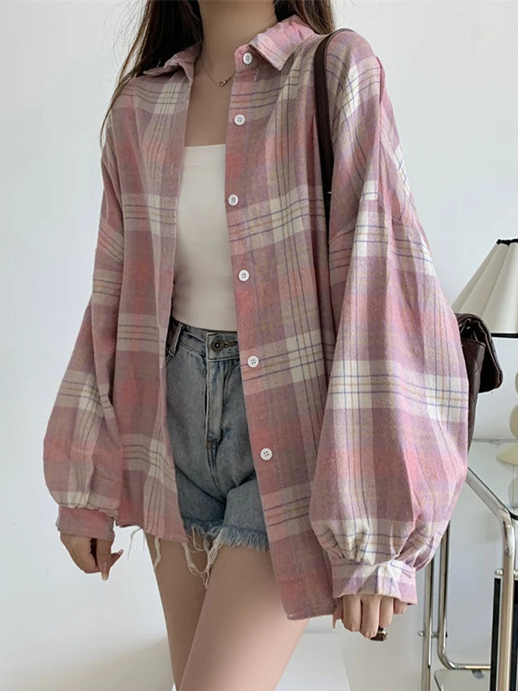 Vintage Plaid Shirt Women Korean Fashion Preppy Style Check Shirts Female Autumn Casual Loose Long Sleeve Single Breasted Blouse AliExpress