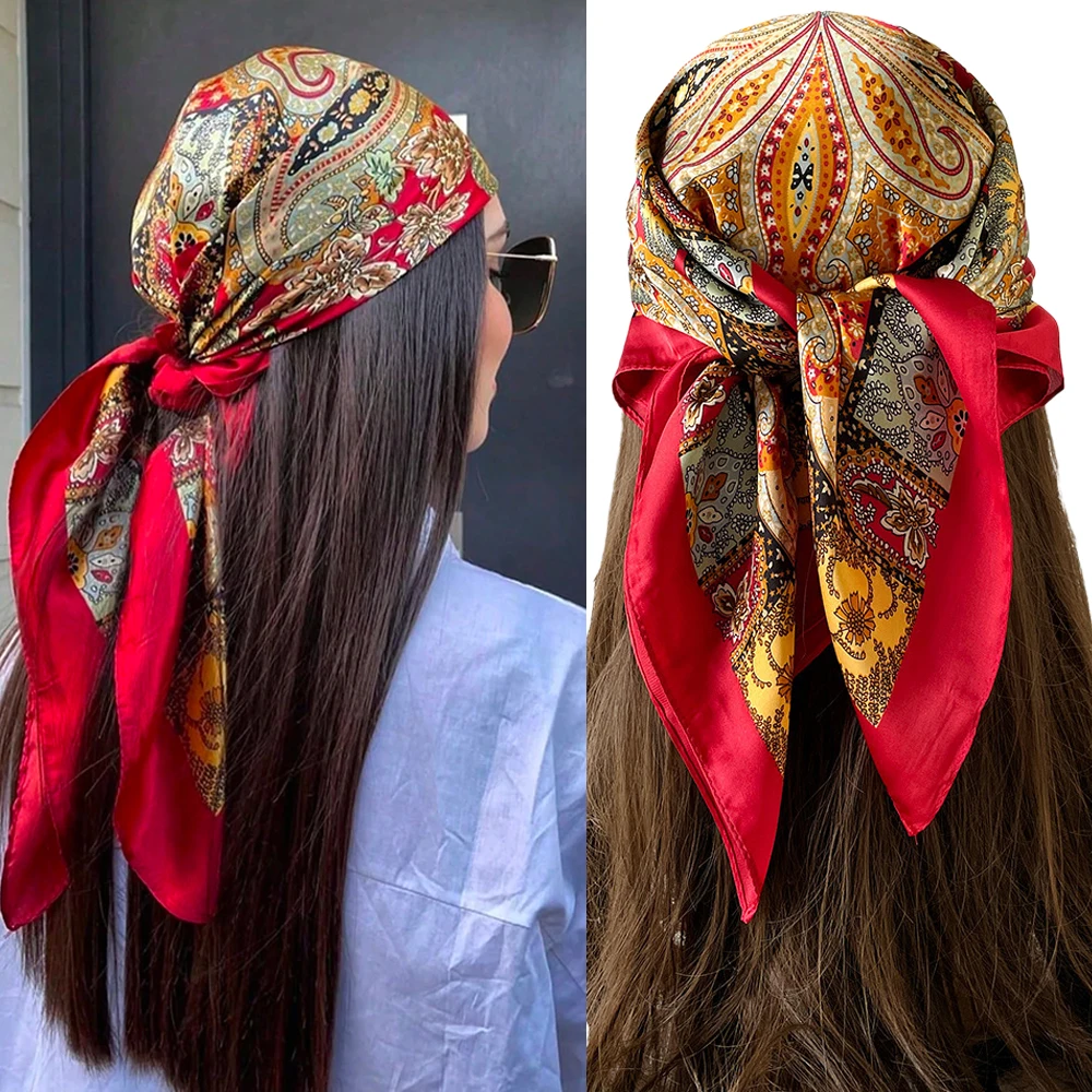 90*90cm Paisley Print Handkerchief Soft Satin Hijab Scarf For Women ...