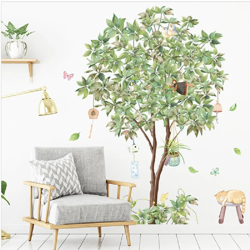 Big Tree Birch Wall Stickers Green Leaves Wall Decals Living Room ...