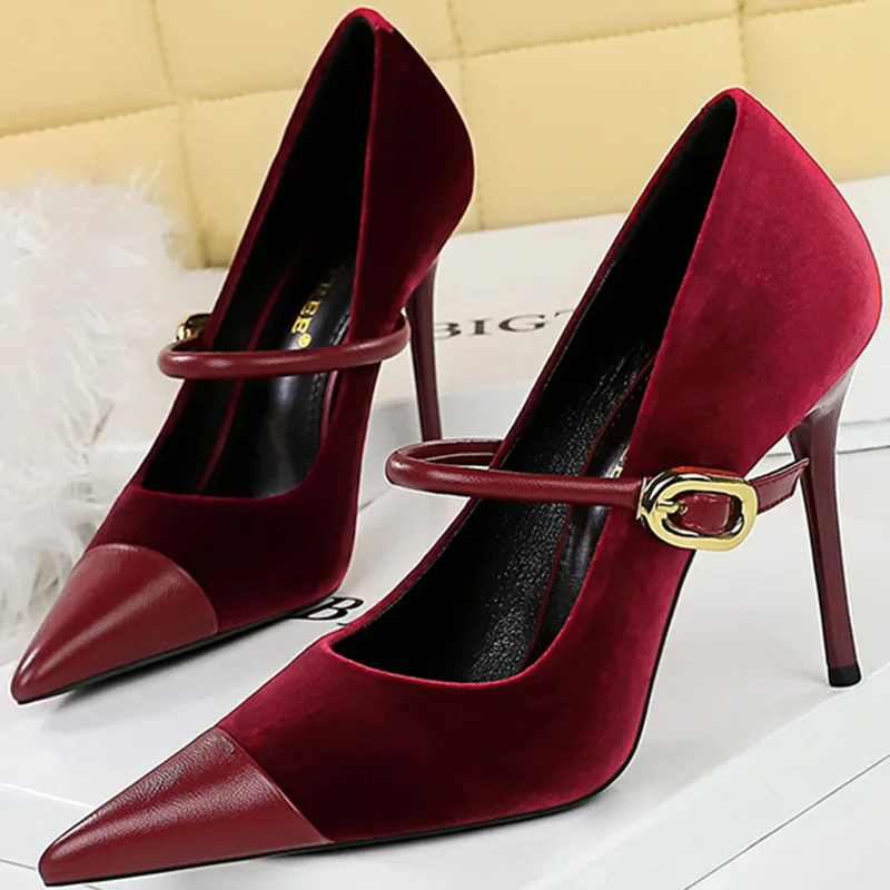 Women-10cm-7cm-High-Heels-Pumps-Lady-Pointed-Toe-Velvet-Leather-Metal ...