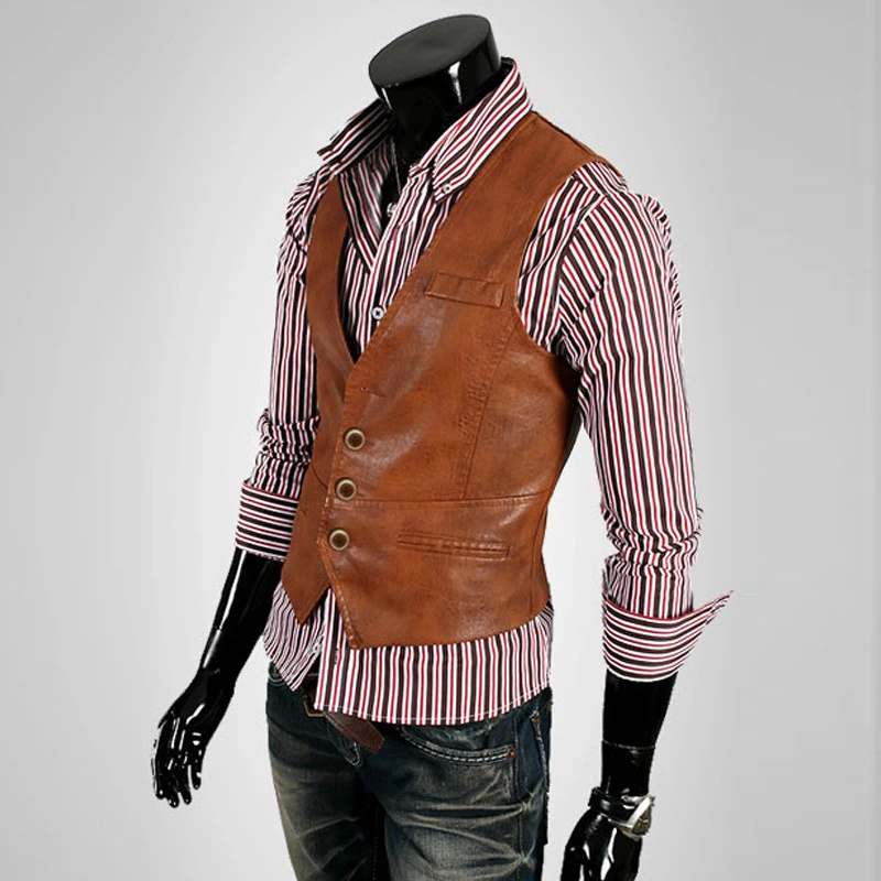 New Men's Leather Vest Coat Korea Fashion Street Dress Slim Luxury ...