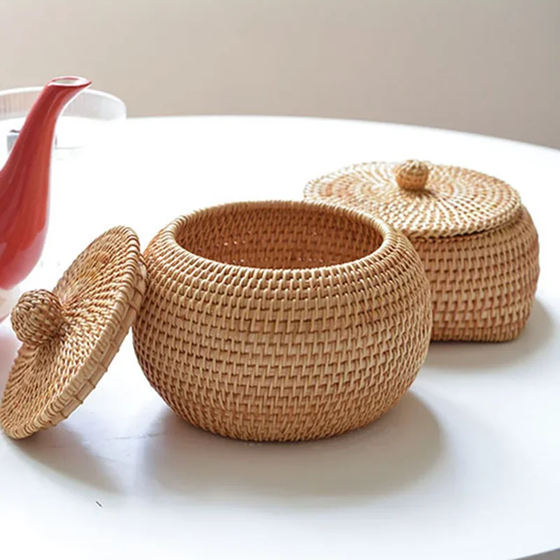 New-Round-Rattan-Boxes-with-Lid-Hand-Woven-Multi-Purpose-Wicker-Tray ...
