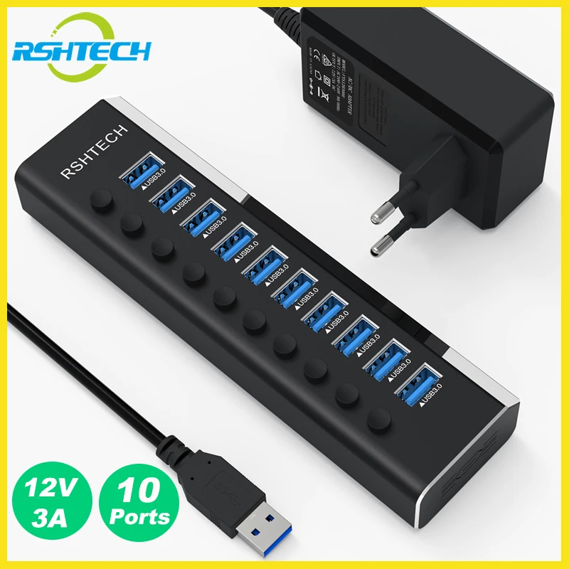 RSHTECH-10-Port-Powered-USB-Hub-with-Individual-On-Off-Switches-and-12V ...