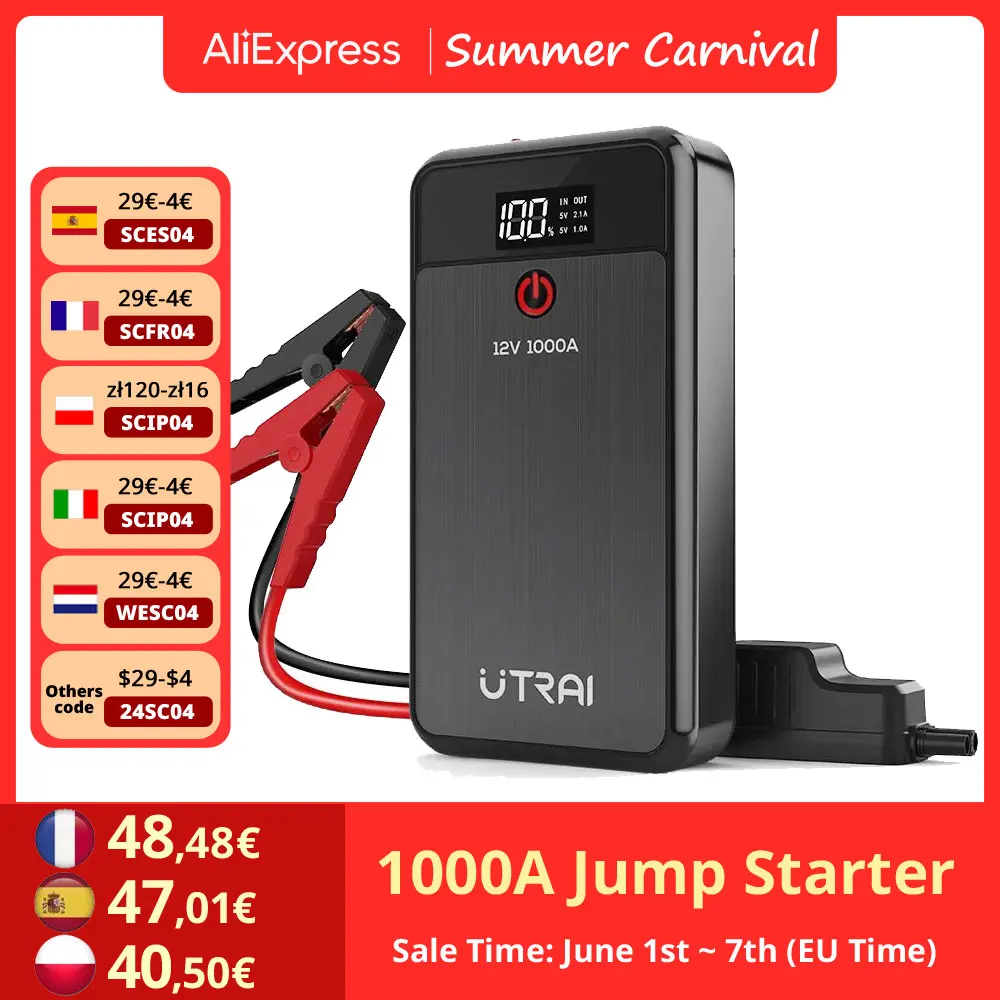 UTRAI-Car-Jump-Starter-1000A-Battery-Charger-8000mAh-Emergency-Power-Bank-Booster-with-LED ...