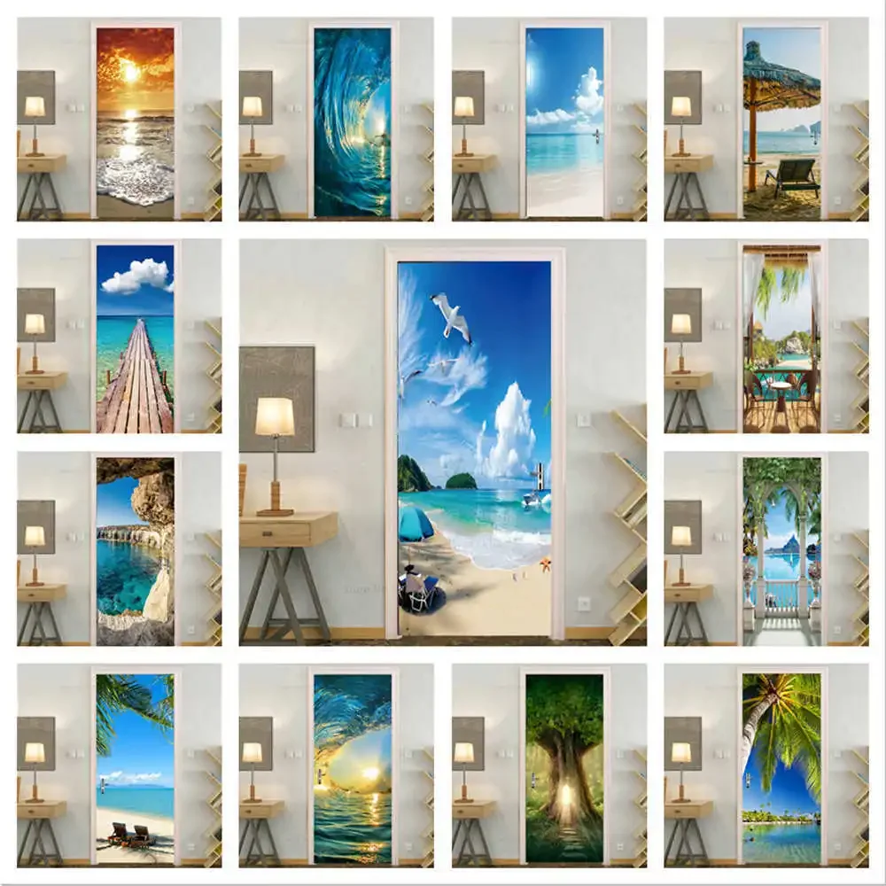 3d Beach Door Decorative stickers Bedroom entrance wallpaper Natural ...