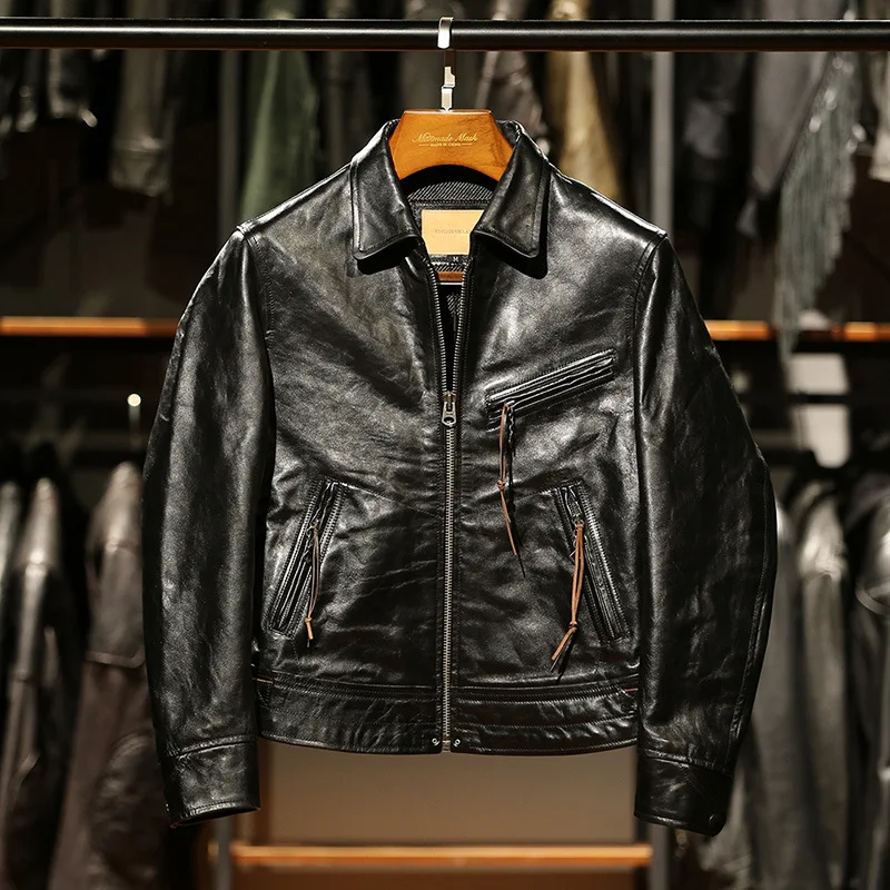 Free shipping.Plus size Oil tea core horsehide jacket.Men Classic Rider ...