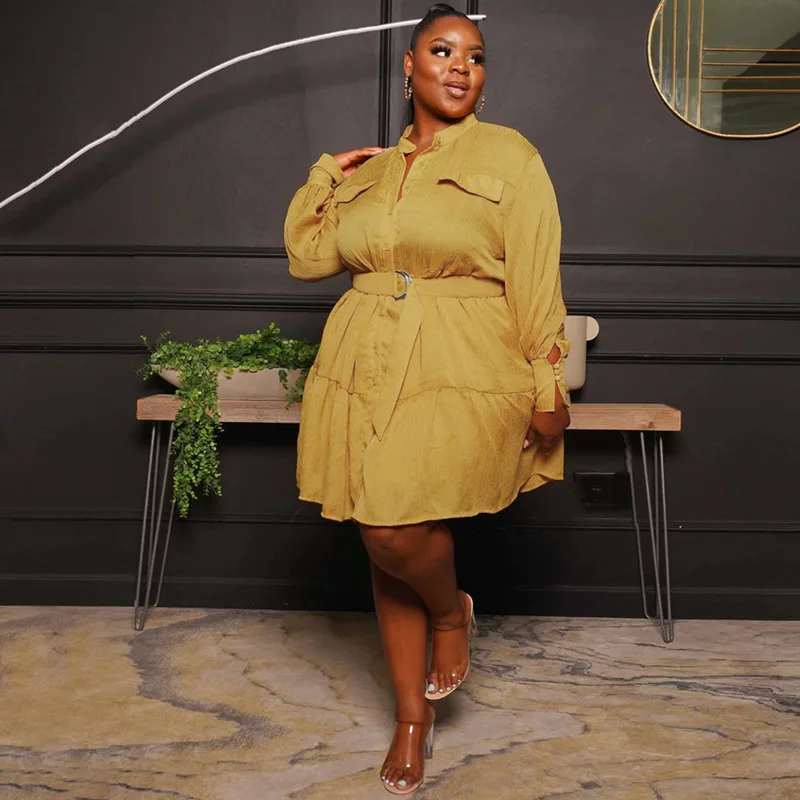 Plus-Size-Casual-Office-Lady-Mini-Dress-Autumn-Long-Sleeve-Single ...