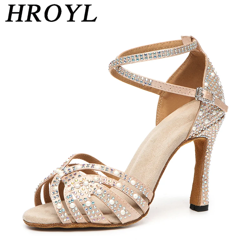 HROYL Latin Dance Shoes for Women Pearls Girls Ballroom Tango Dancing ...