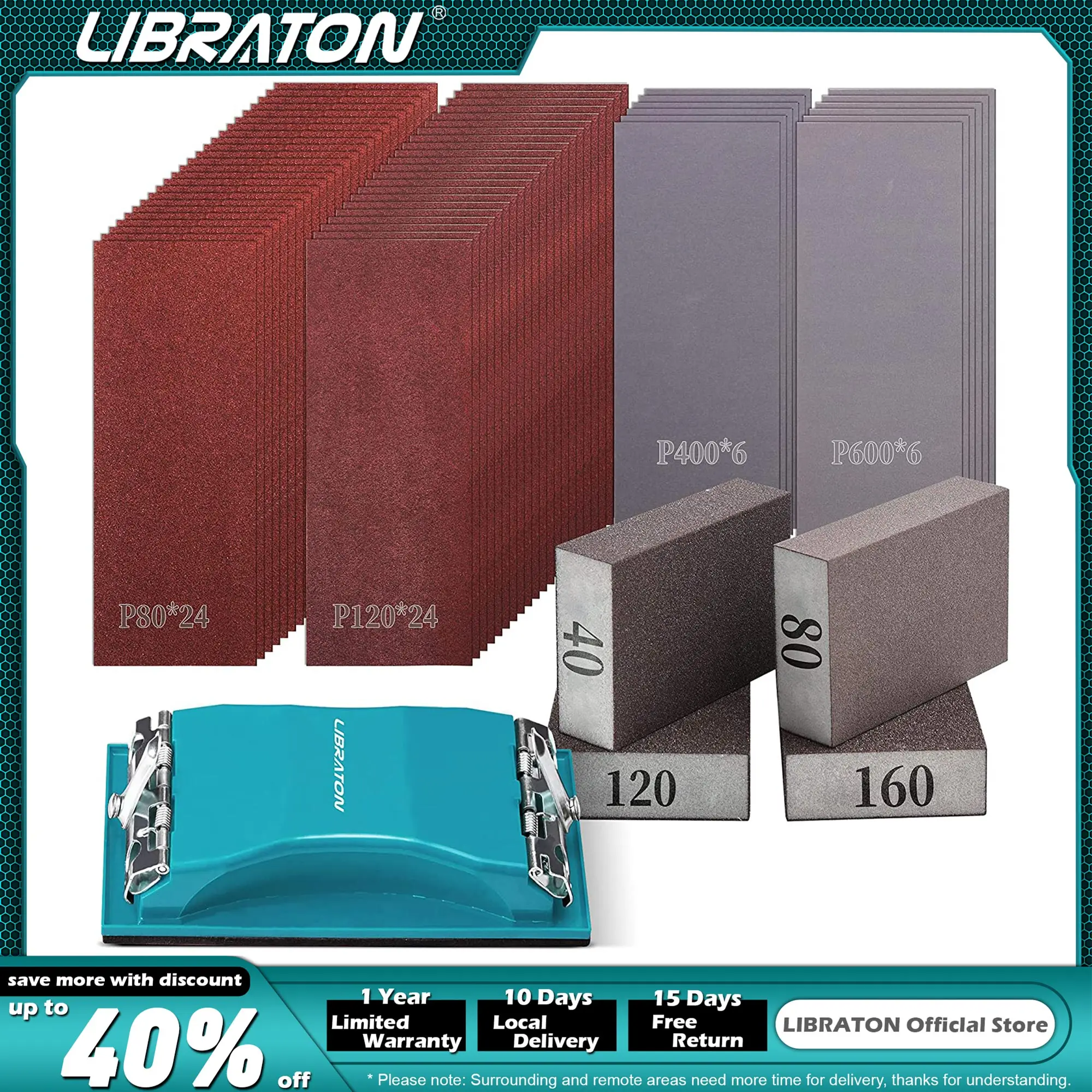 LIBRATON 사포 종이, 사포 모음, 80 600 그릿, 40, 80, 120/160 샌딩 스폰지, 목재 및 금속용 샌딩 핸들, 65 개| | - AliExpress