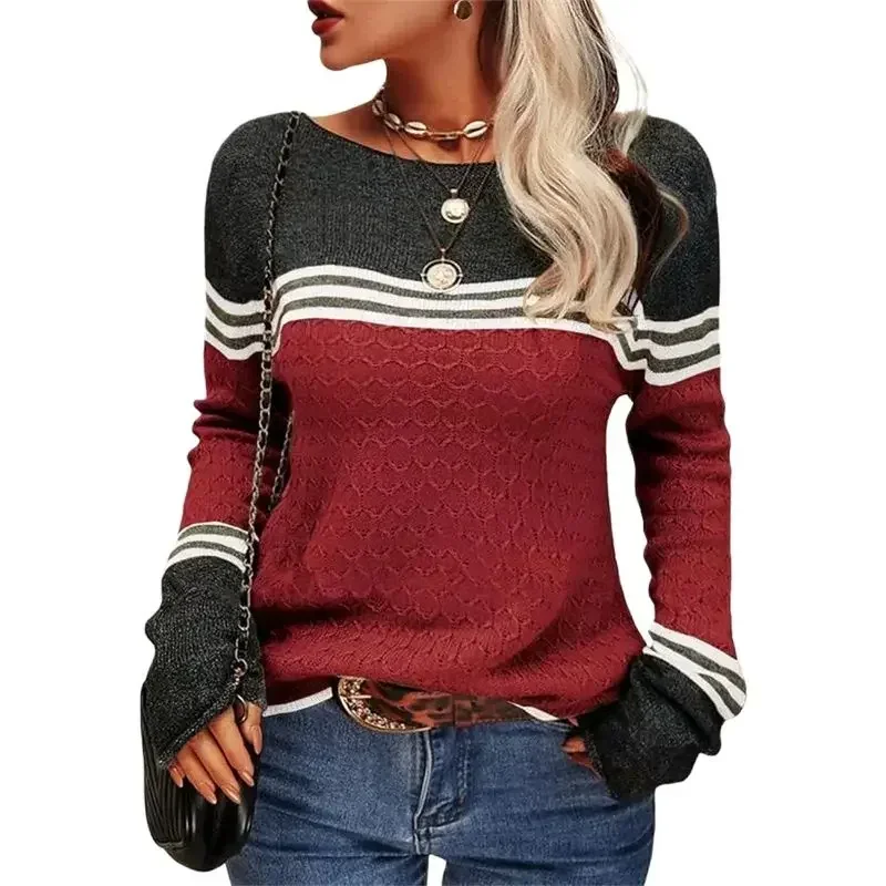 Autumn Winter New Color Blocking Sweater Women O Neck Pullover Long ...
