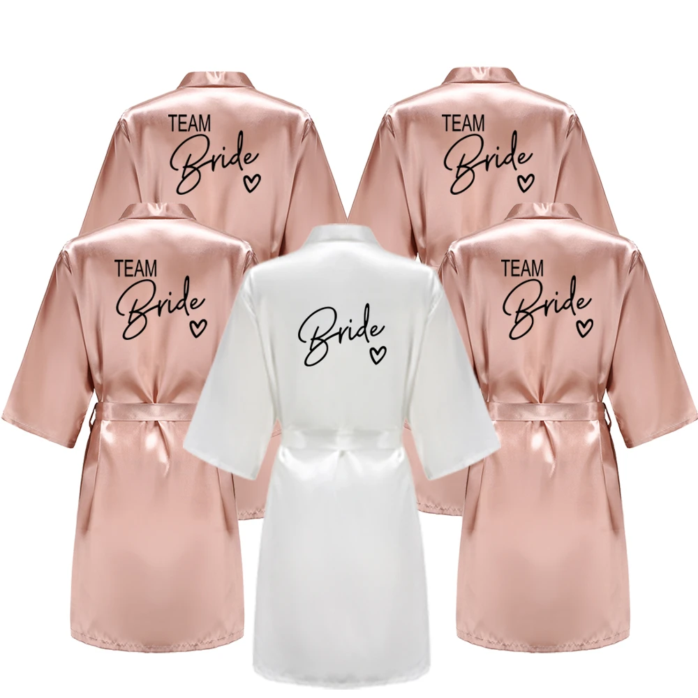 Wedding Party Team Bride Robe With Black Letters Kimono Satin Pajamas ...