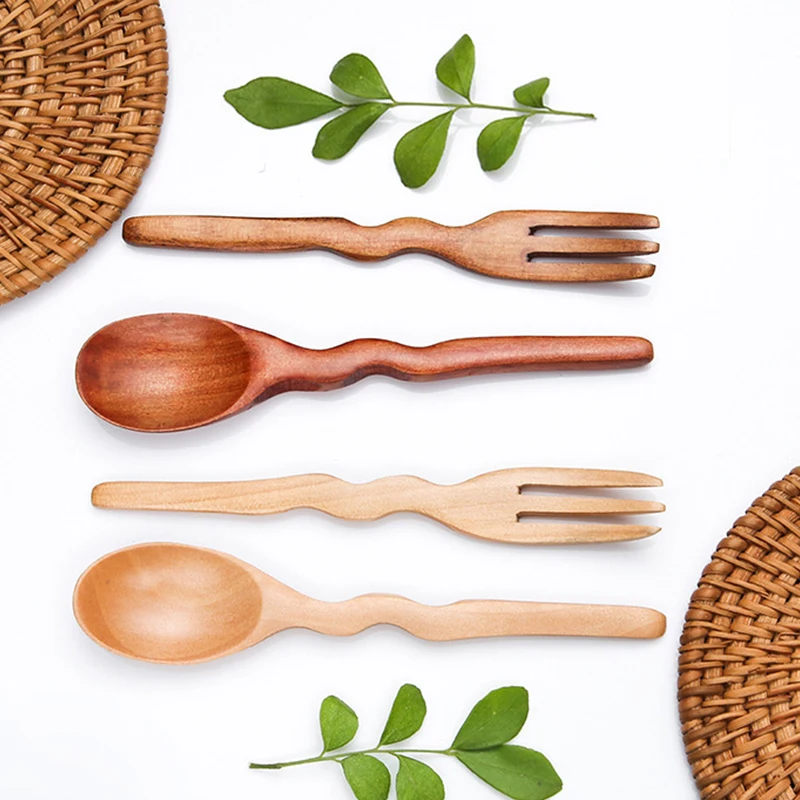 Wooden-Handle-Tea-Spoon-Wavy-Shape-Solid-Wood-Fork-Dessert-Restaurant ...