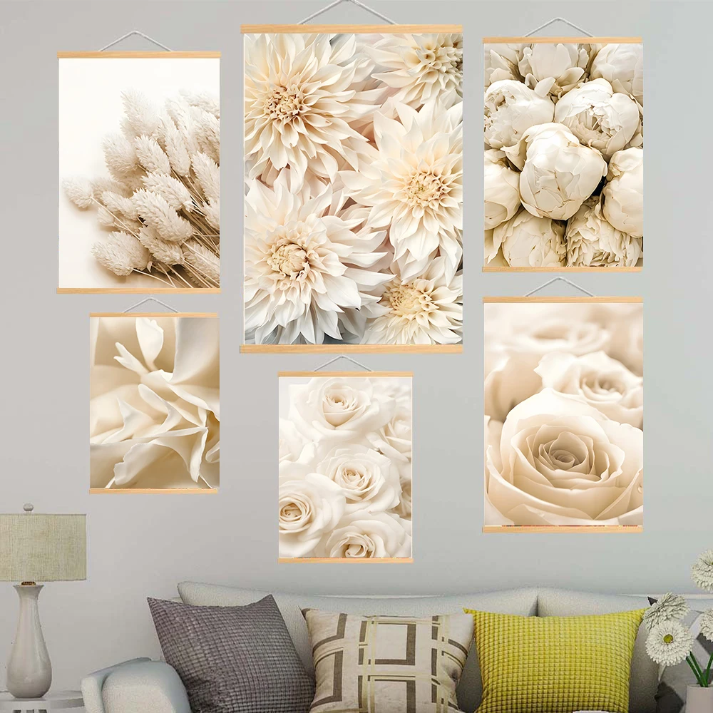 Beige witte pioenroos bloem riet massief hout hangende rollen ...