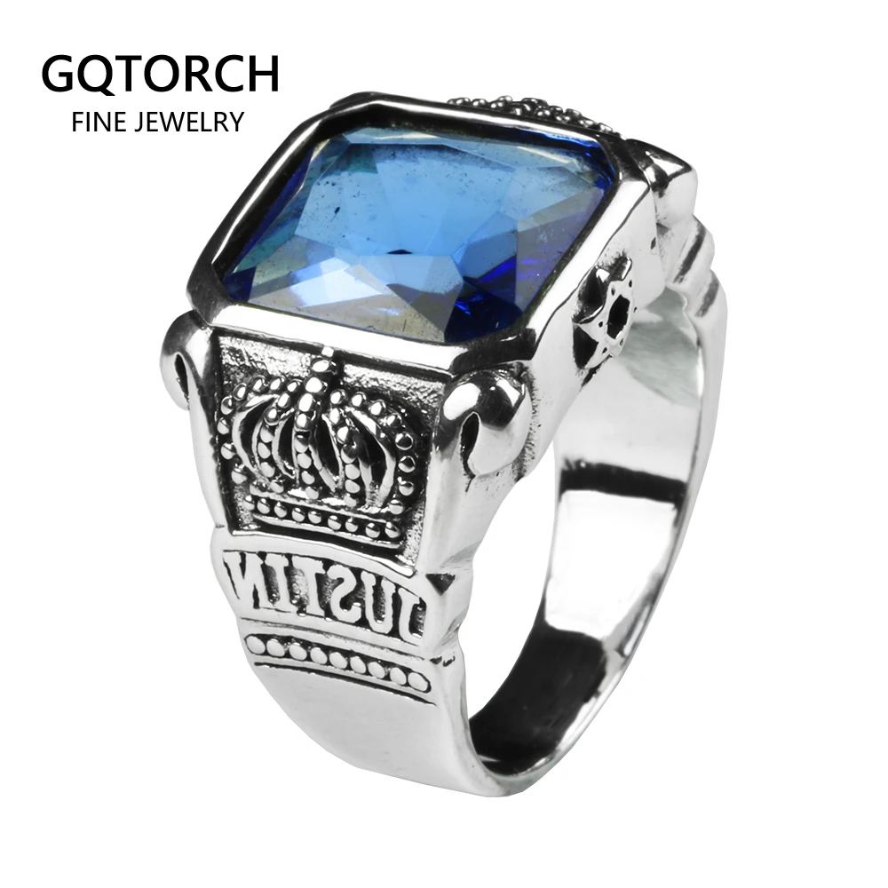 Mens Blue Crystal Ring Square Natural Stone Real Genuine 925 Sterling ...