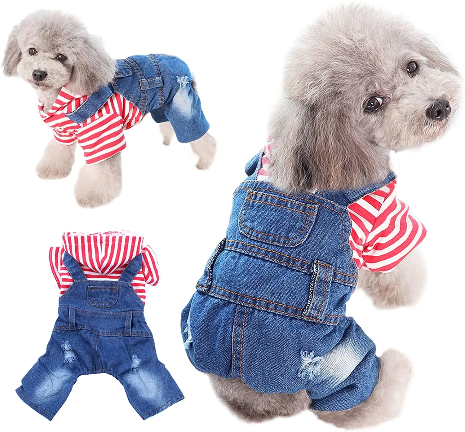 Dog Denim Jumpsuits Striped Plaid Puppy Cat Hoodie Overalls Yorkie ...
