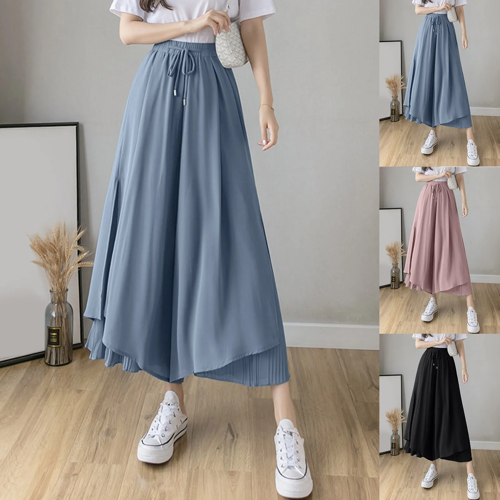 Women-S-Pleated-Pants-Chiffon-Wide-Leg-Fashion-High-Waist-Drape-Nine ...