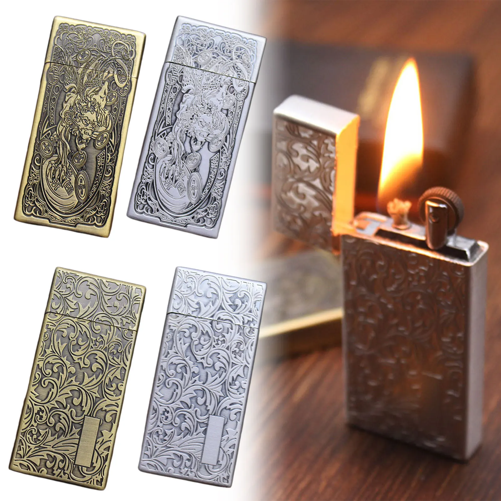 Slim Metal Kerosenes Lighter Relief Collectible Open Flame Lighters ...