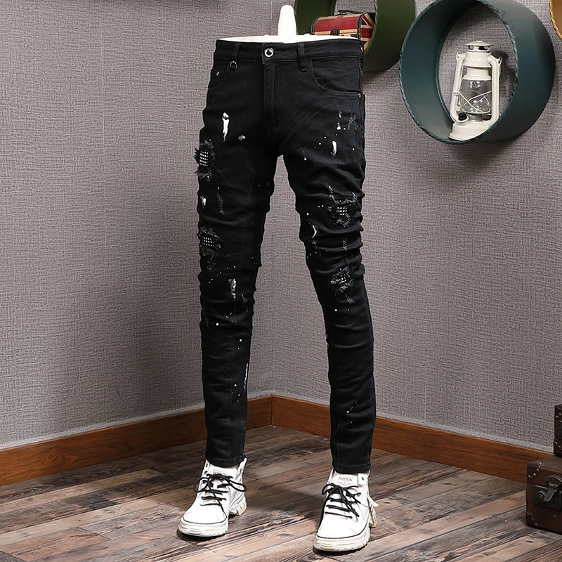 Streetwear-Fashion-Men-Jeans-Black-Color-Stretch-Elastic-Slim-Fit-Painted-Ripped-Jeans-Men-Patch ...